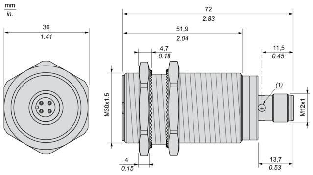 XS1M30KP340D - Inductive sensor XS1 M30, L72mm, brass, Sn10mm, 12..24VDC, M12 | Telemecanique ...