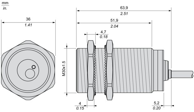 XS1M30KP340 - Inductive sensor XS1 M30, L60mm, brass, Sn10mm, 12..24VDC, cable 2m ...